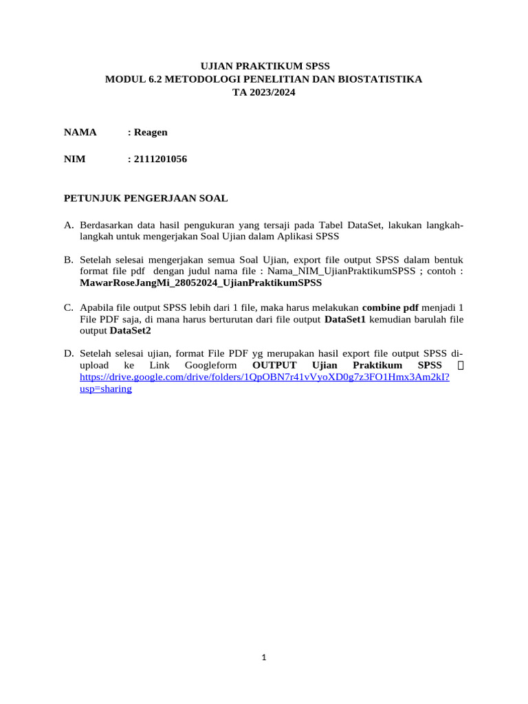 Soal Ujian Praktikum SPSS 6.2 Ta 2022.2023 (28.05.2024) | PDF