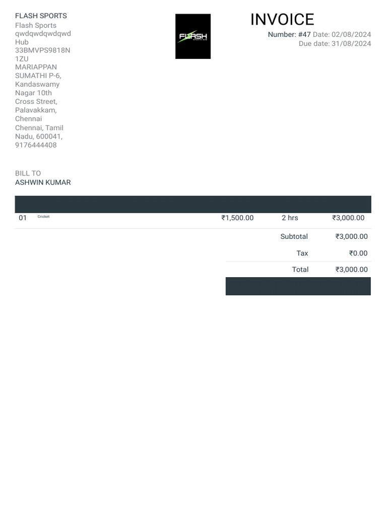 Invoice for Cricket Services - ₹3,000 | PDF