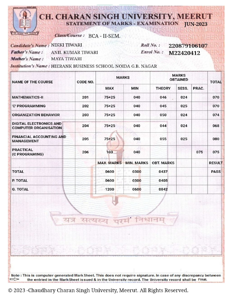 Semester 2 Marksheet | PDF