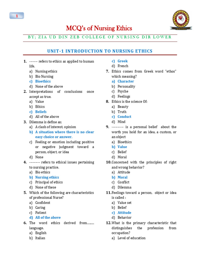 Chapter Wise MCQs On Nursing Ethics | PDF | Autonomy | Medical Ethics