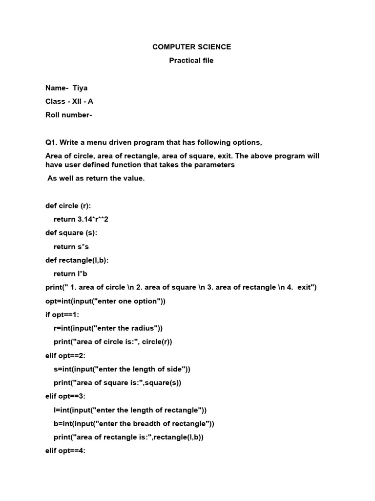 Tiya - Cs Practical File 12A | PDF | Area | Databases