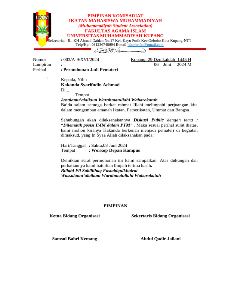 Undangan Pemateri Diskusi Public IMM | PDF