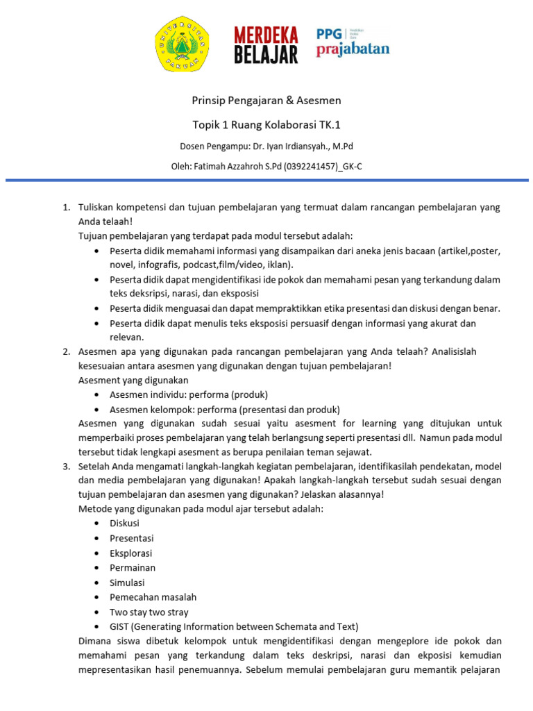 Fatimah Azzahroh - Topik 1 Ruang Kolaborasi - TK1 | PDF
