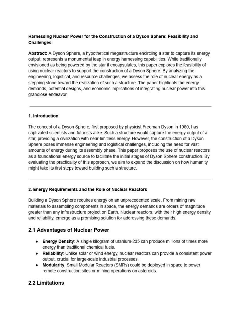Feasibility of A Nuclear-Powered Dyson Sphere | PDF | Nuclear Power ...