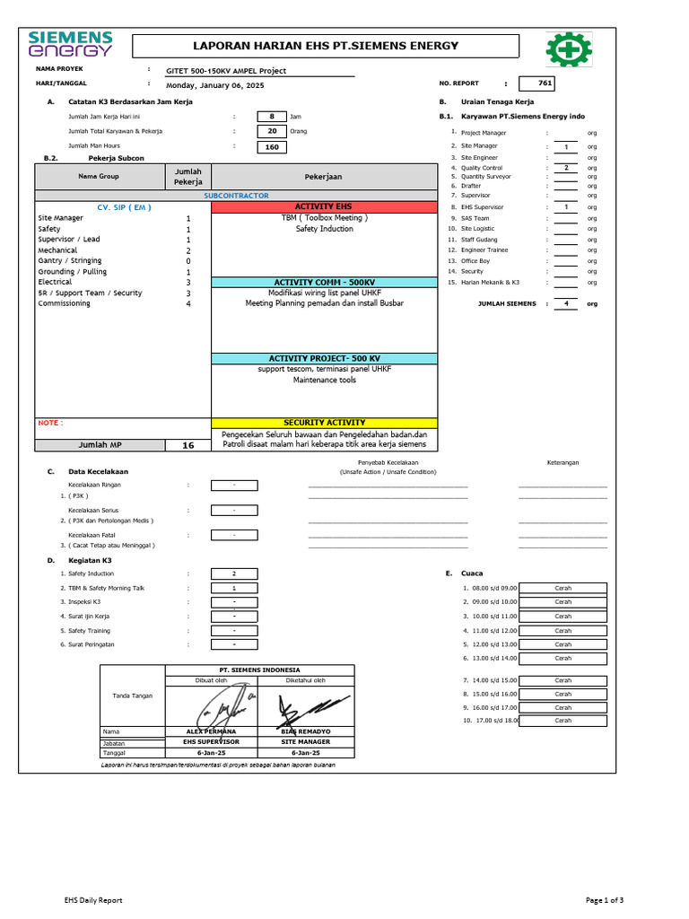 761 06 January 2025 - EHS Daily Report GITET 500-150KV AMPEL Project | PDF