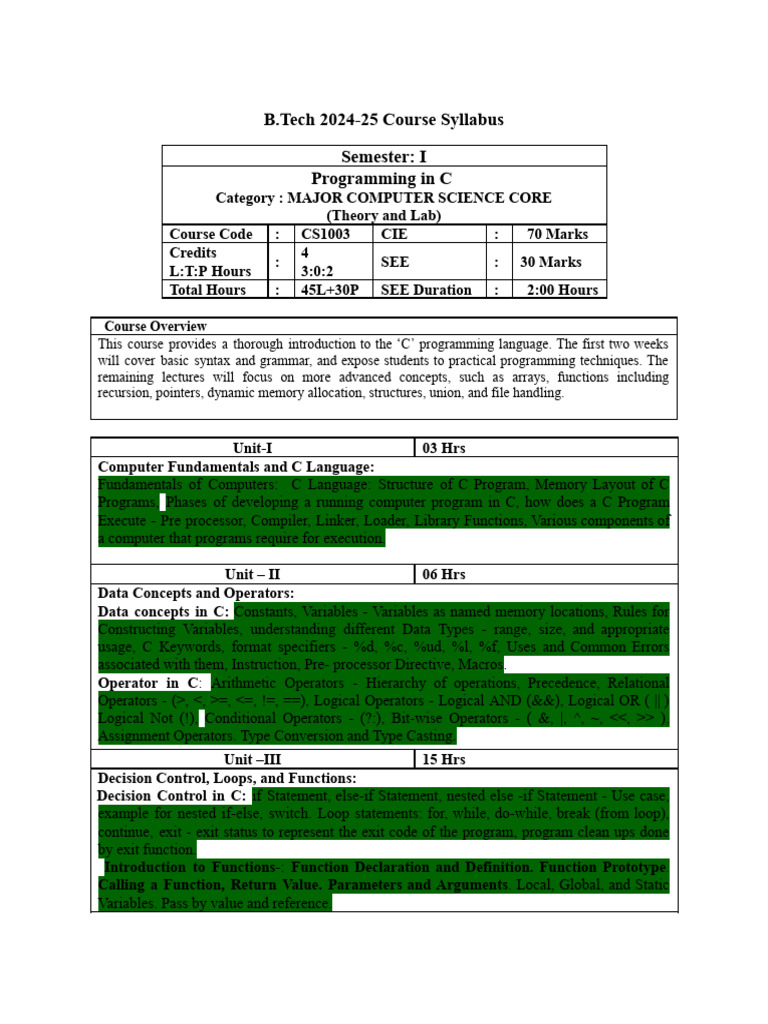 1.syllabus Book Updated | PDF | C (Programming Language) | Pointer (Computer Programming)