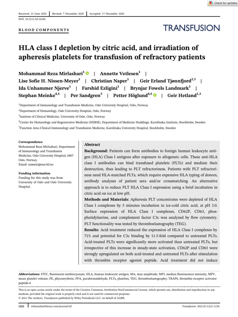 Transfusion - 2021 - Mirlashari - HLA Class I Depletion by Citric Acid and Irradiation of ...