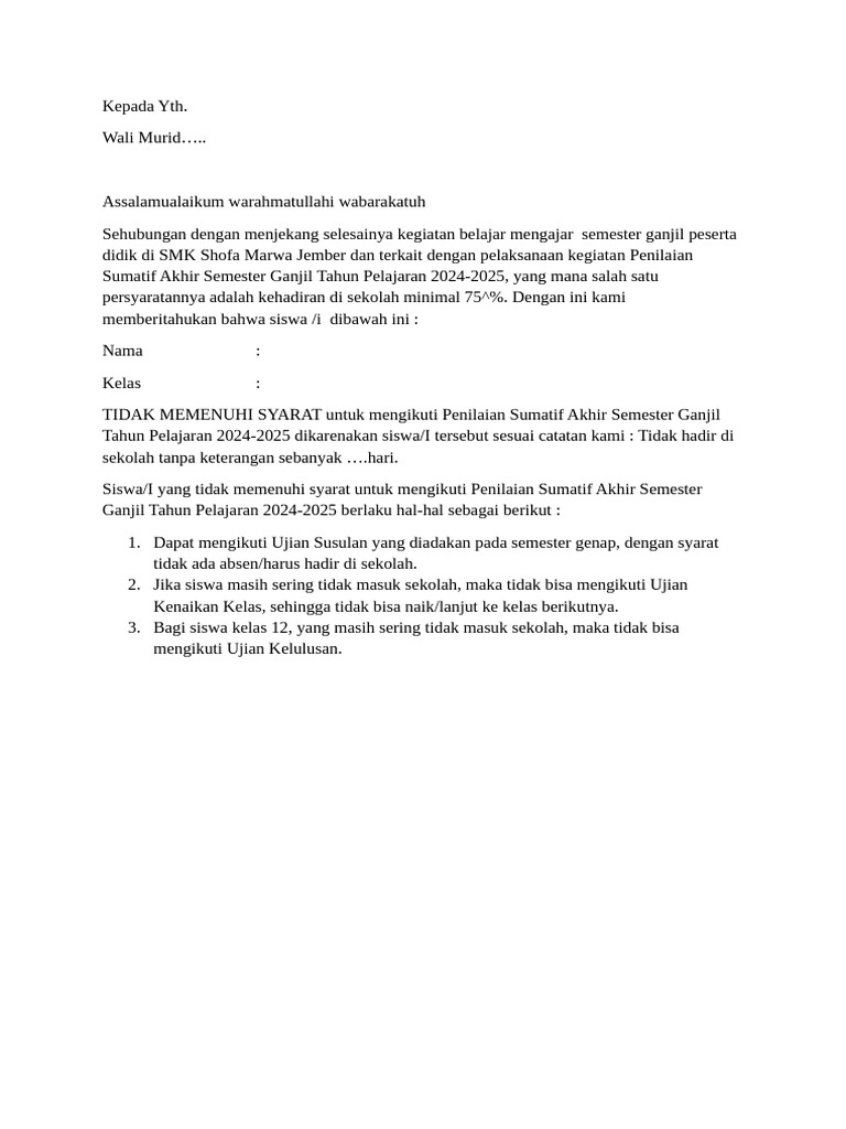 Draft Surat Wali Murid TTG Siswa Tidak Memenuhi Syarat Ujian | PDF