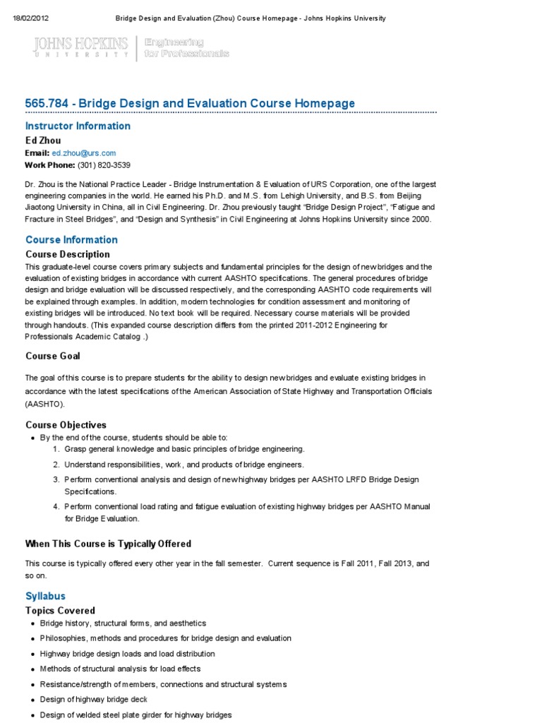 Bridge Design and Evaluation (Zhou) Course Homepage - Johns Hopkins ...