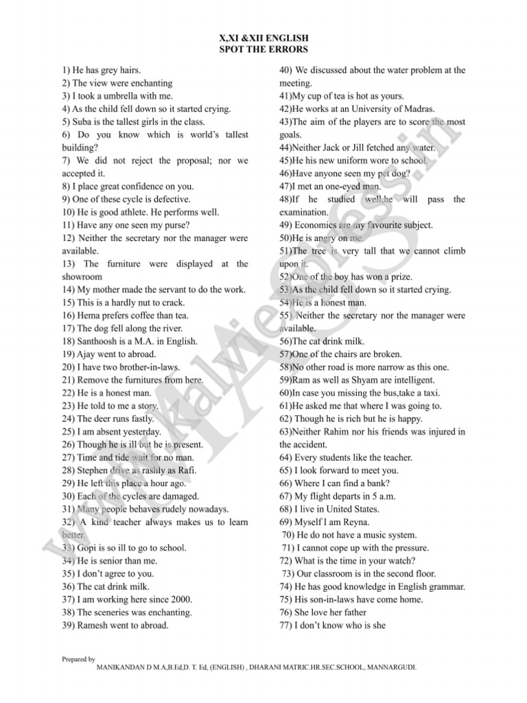 X, Xi & Xii Eng - Spot The Errors Questions-1 | PDF