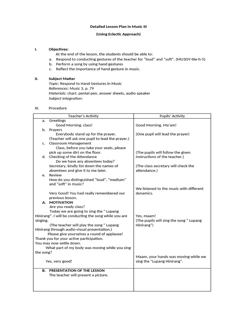 Detailed Lesson Plan in Music III | PDF | Conducting | Teachers
