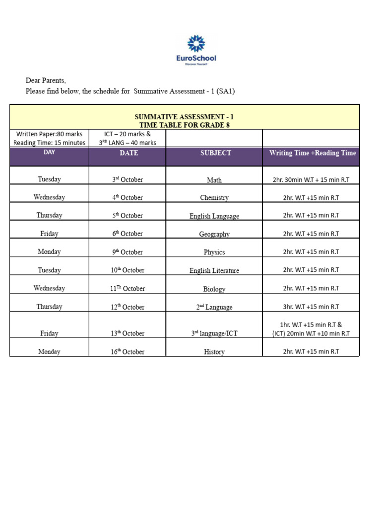 GR 8 - SA1 - Timetable - 23-24 | PDF