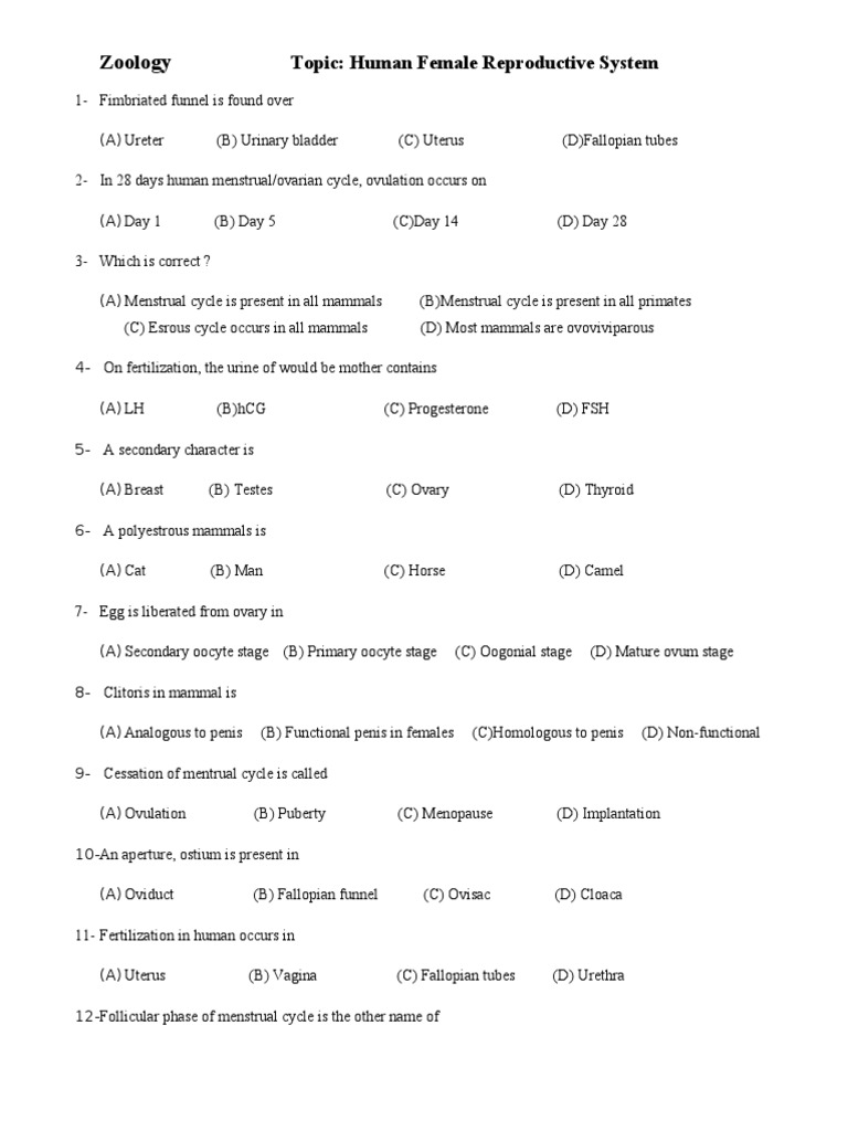 Human Female Reproductive System Quiz | PDF
