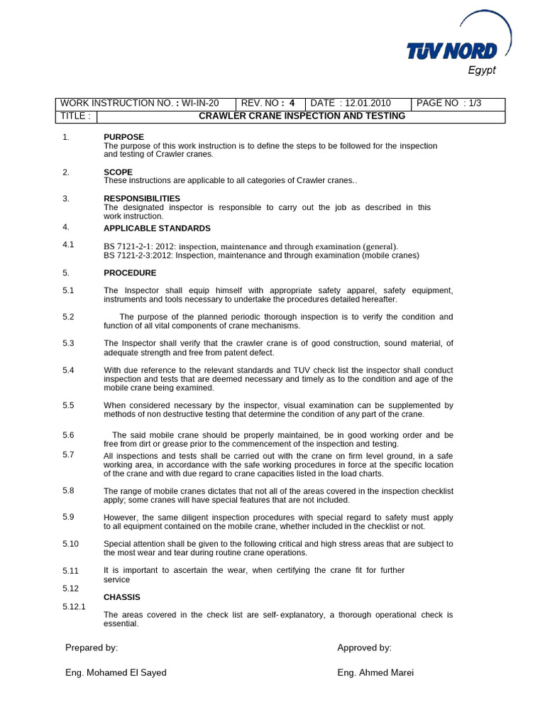 CRAWLER CRANE INSPECTION AND TESTING | PDF | Crane (Machine ...