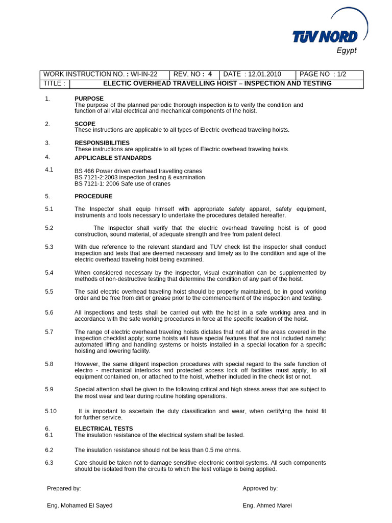 Electic Overhead Travelling Hoist - Inspection and Testing | PDF ...