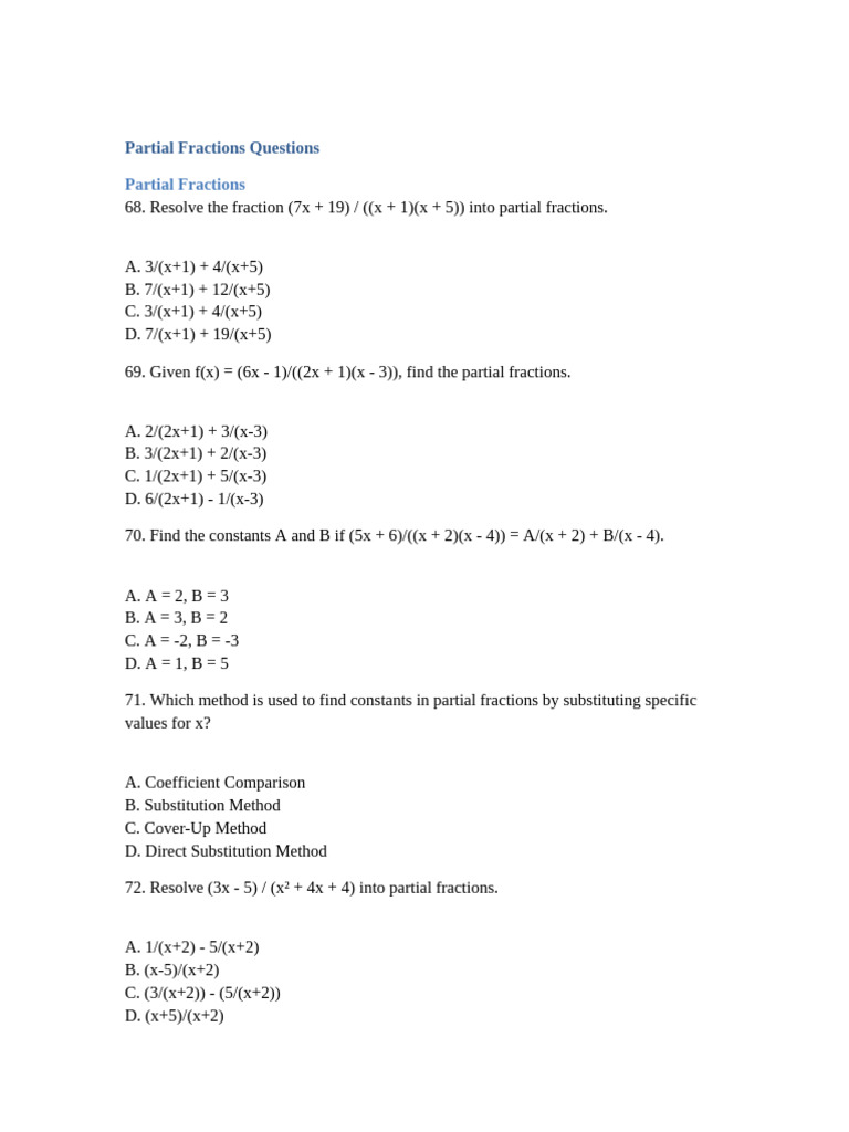 Partial Fractions Questions | PDF