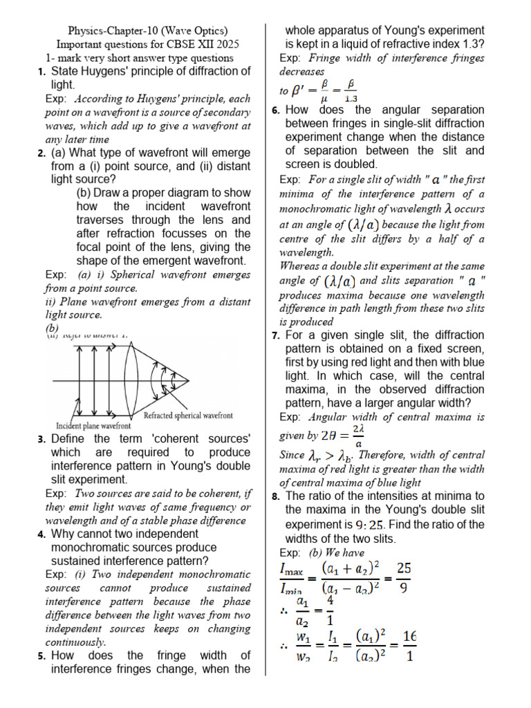 Wave Optics XII CBSE Exported 2024 | PDF | Diffraction | Wavelength