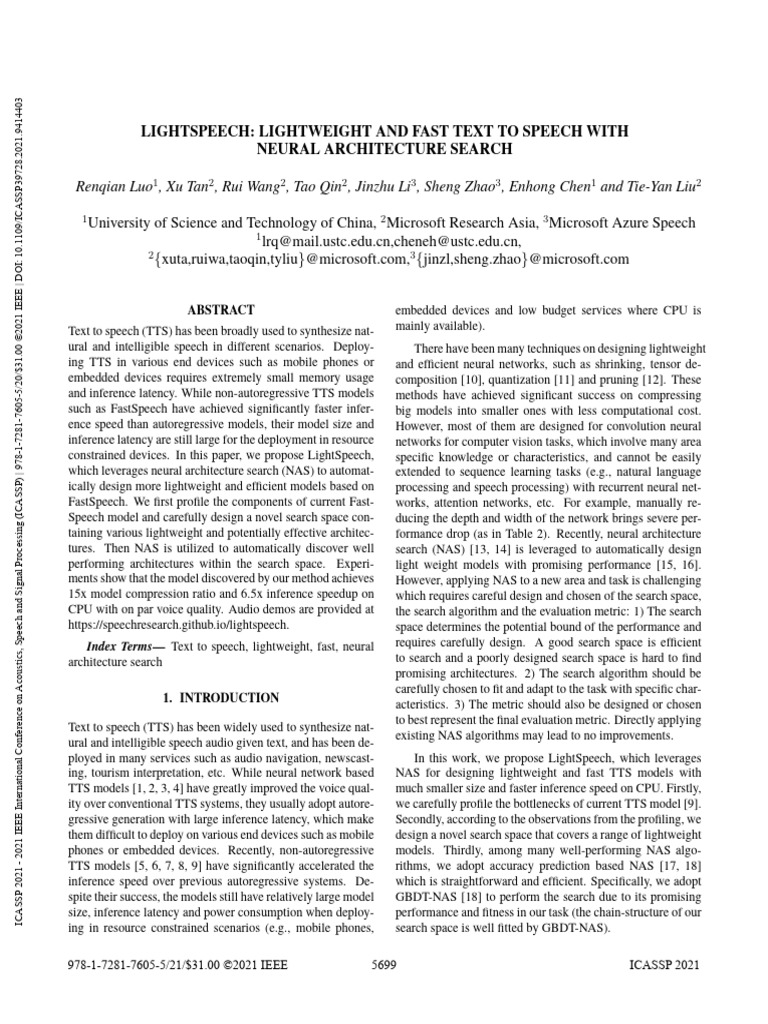 Lightspeech Lightweight and Fast Text to Speech With Neural Architecture Search | PDF | Data ...
