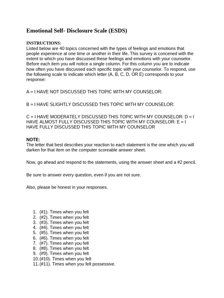 Emotional Self Disclosure Scale (ESDS) | PDF | Mental Health | Social ...