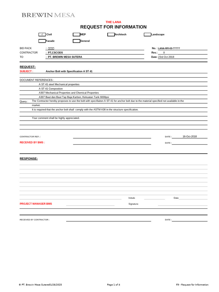 Rfi About Anchor Bolt With Specification A ST 41 | PDF