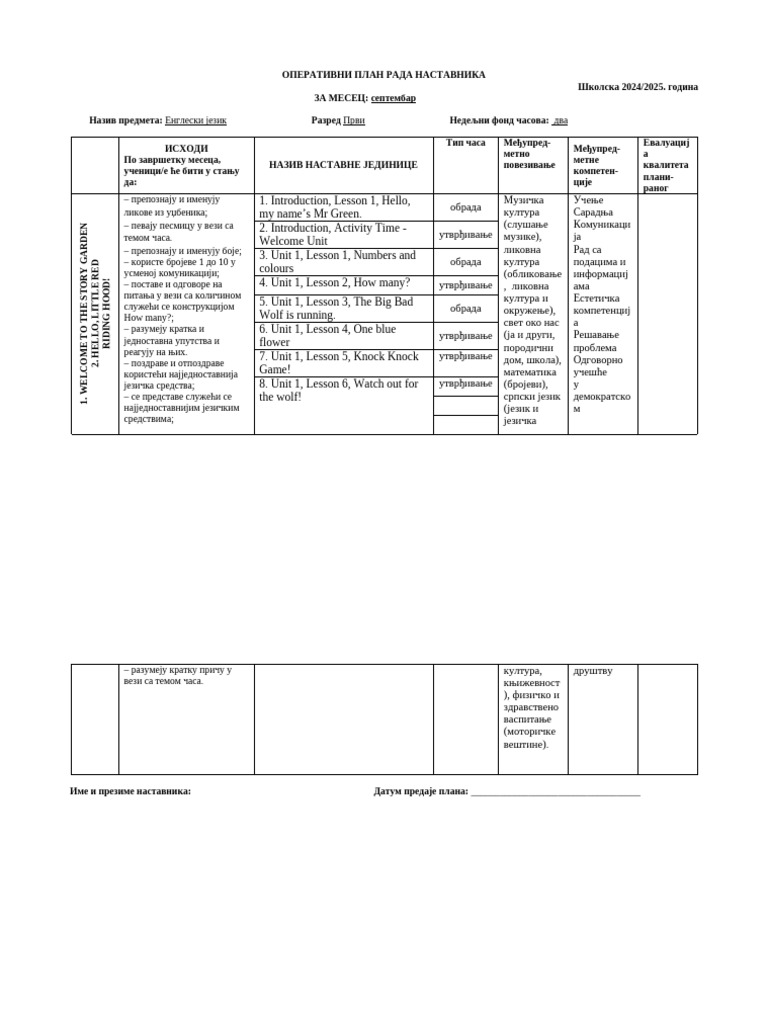 Engleski Jezik 1 - The Story Garden 1 - Predlog Operativnih Planova - Vojvodina - 2024 | PDF