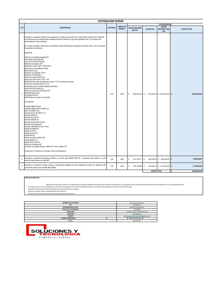 Cotizacion Dimar Soluciones y Tecnologia 2 | PDF | Hdmi | USB