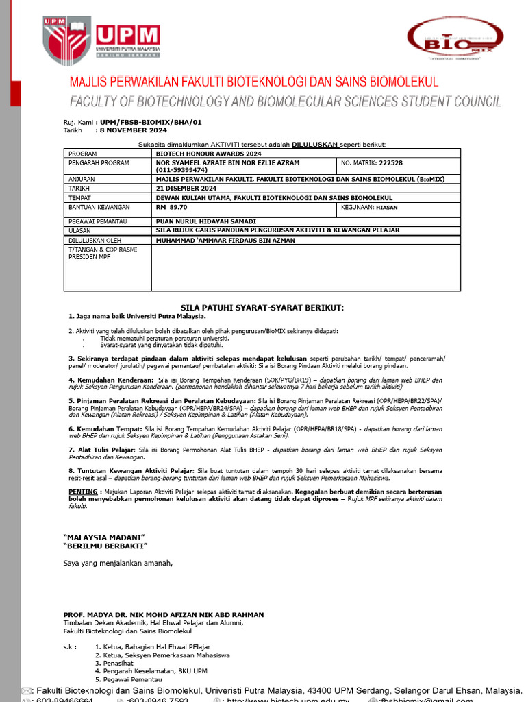 Surat Kelulusan Biotech Honour Awards 2024 2 | PDF