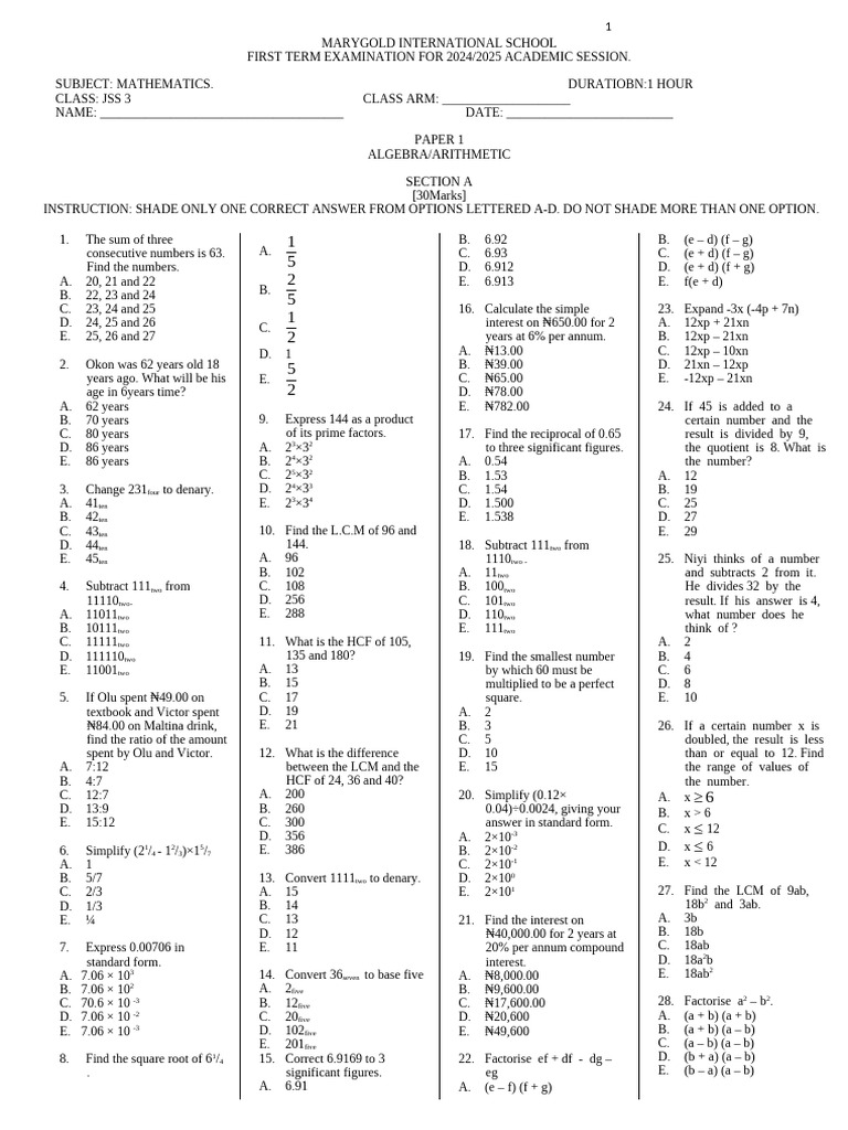 JSS 3 - Mathematics 2024-2025 Academic Session | PDF | Mathematics ...