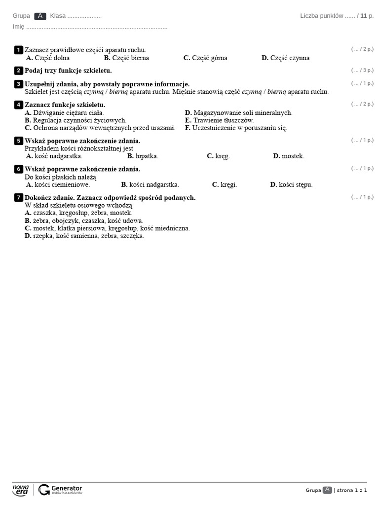 Aparat Ruchu. Budowa Szkieletu Test (Z Widoczną Punktacją) | PDF