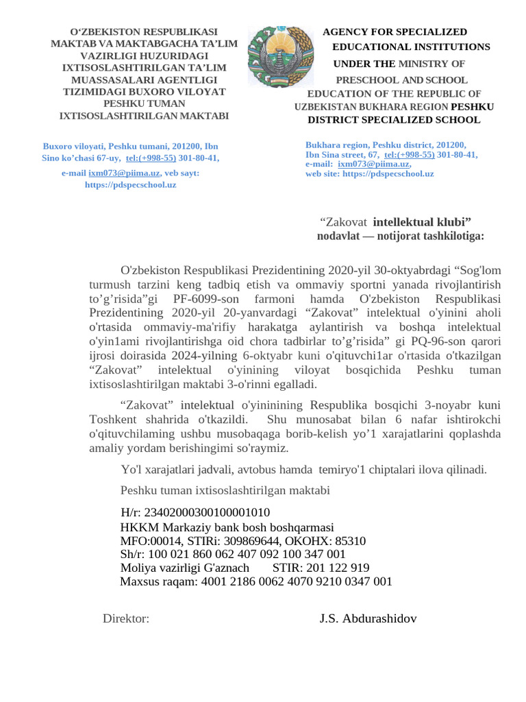 Peshku IM Zakovat safari harajatlari | PDF