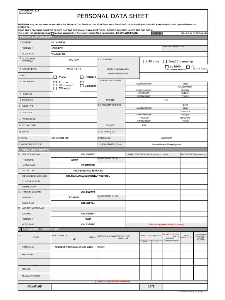 Pds Latest From Mam Mikaela Cs Form No. 212 Personal Data Sheet Revised ...