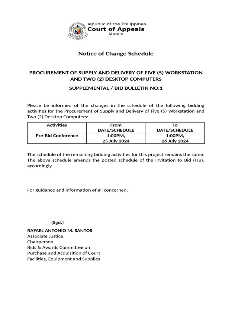 BID BULLETIN NO.1 CHANGE OF SCHEDULE (Workstation) | PDF