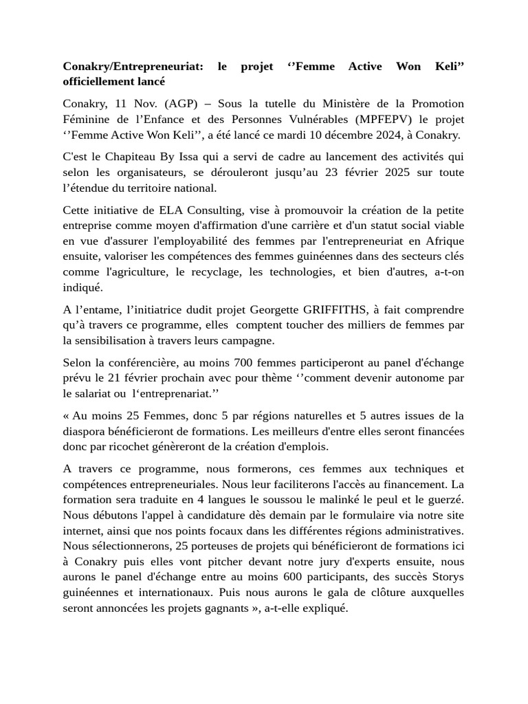 Lancement du projet Femme Active Won Keli | PDF | Guinée