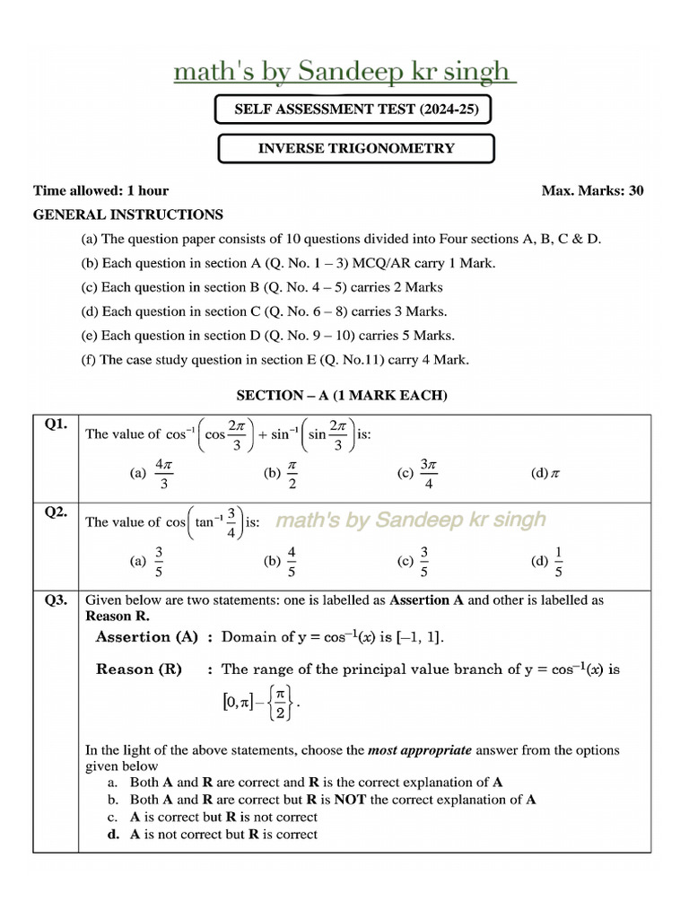 Class Xii Inverse Trigonometry Self-Assessment Test (2024-25) | PDF