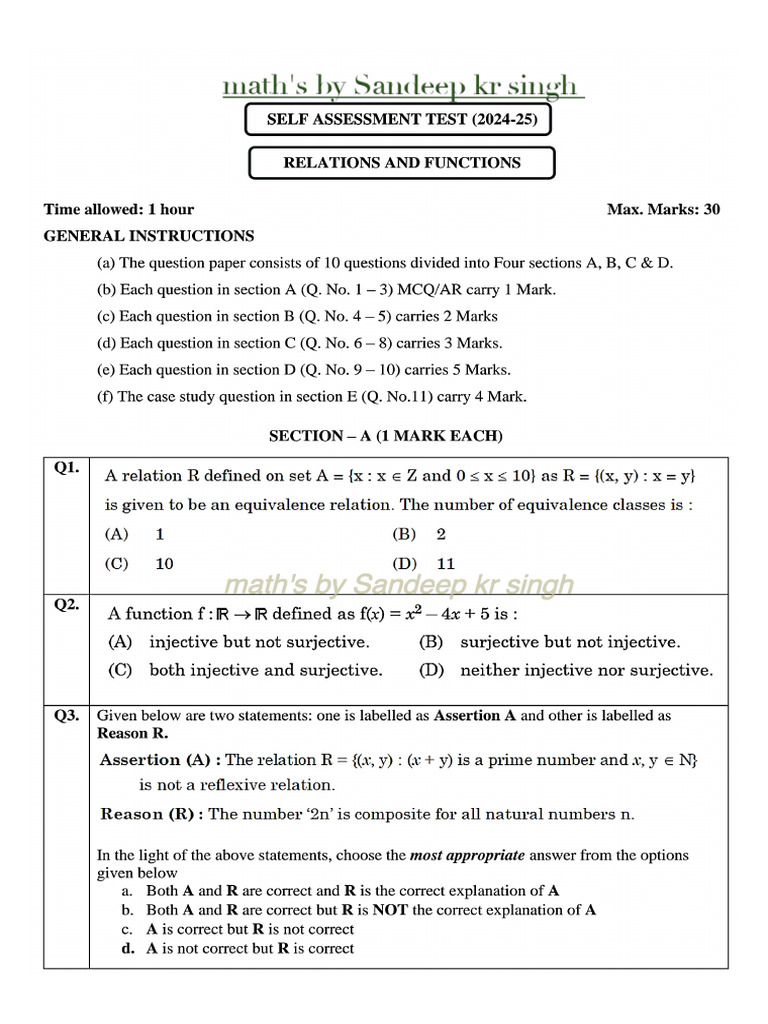 Class Xii Relations & Functions Self-Assessment Test (2024-25) | PDF
