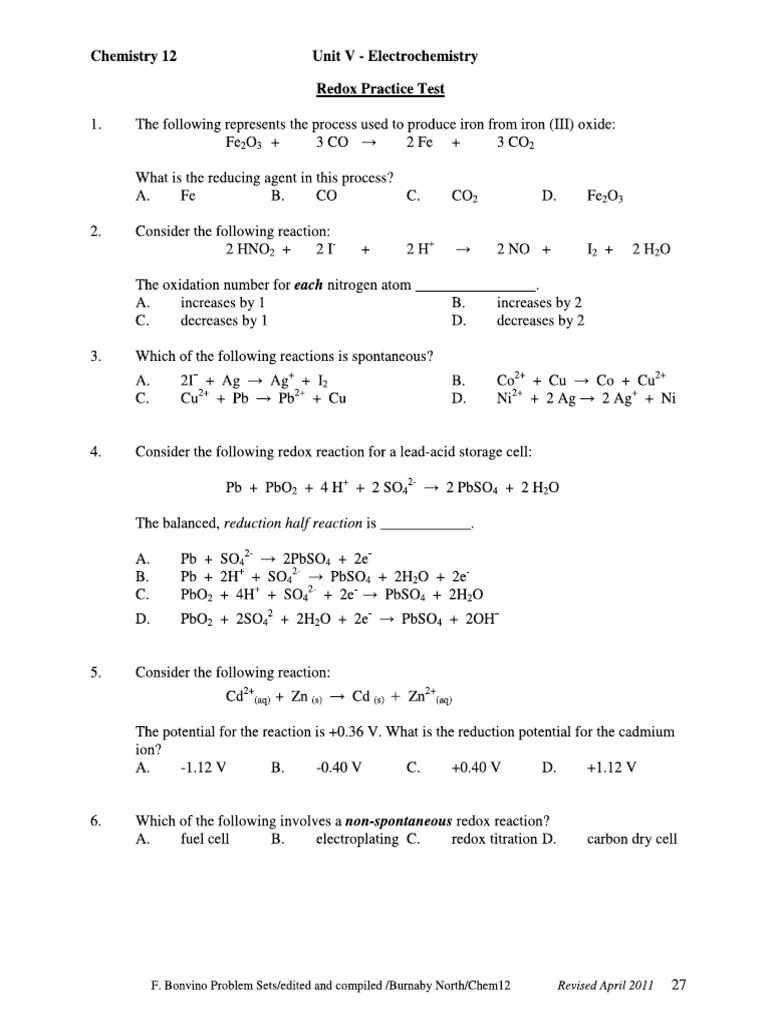 0116 - Redox Practice Test | PDF