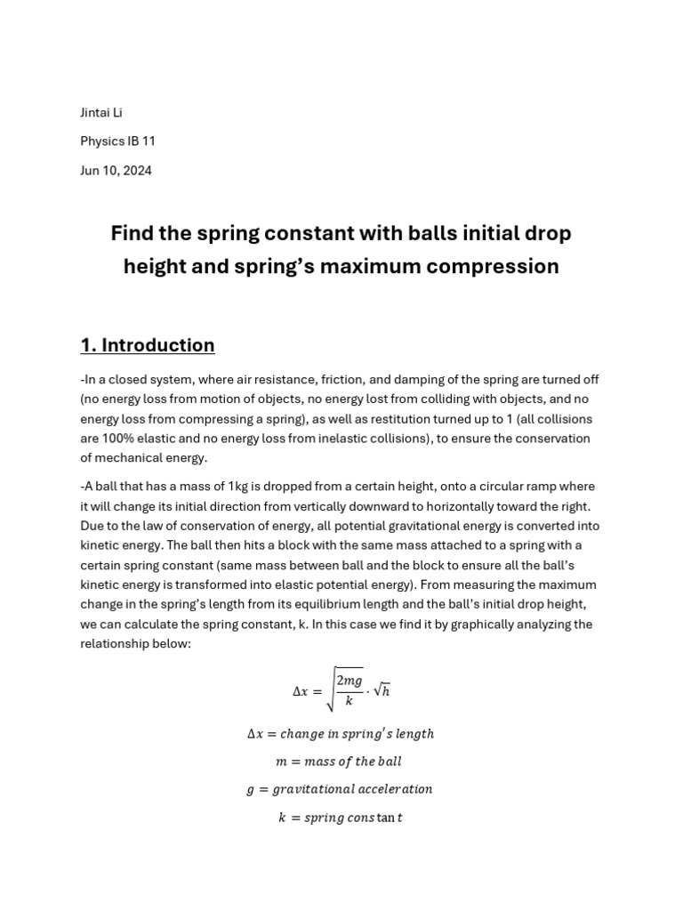 Find The Spring Constant With Balls Initial Drop Height and Spring's Maximum Compression | PDF ...
