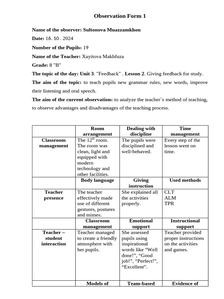 Observation Form | PDF | Teachers | Learning
