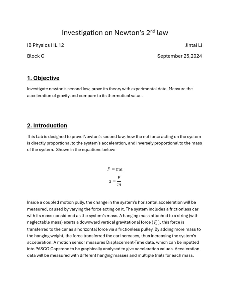 IB Physics 12 HL Newton 2nd Law Lab | PDF | Force | Mass