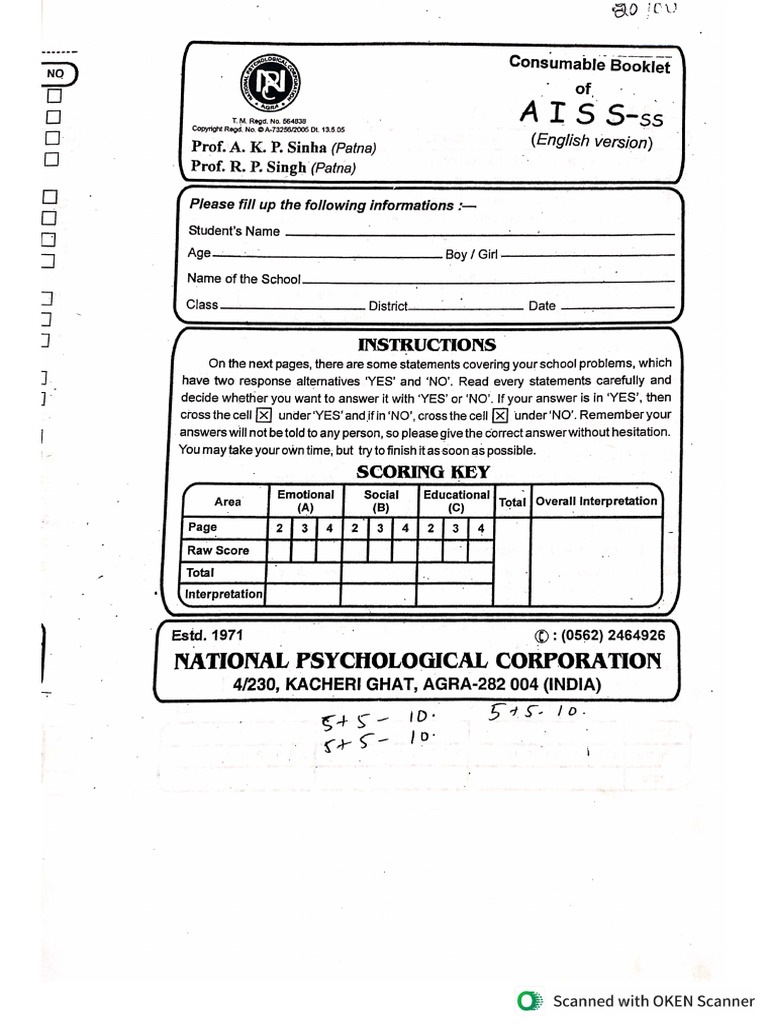 AISS - Adjustment Inventory For School Students | PDF