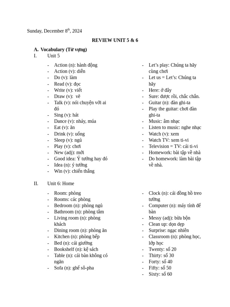 Sunday, REVIEW GRAMMAR UNIT 5&6 - EU2 | PDF