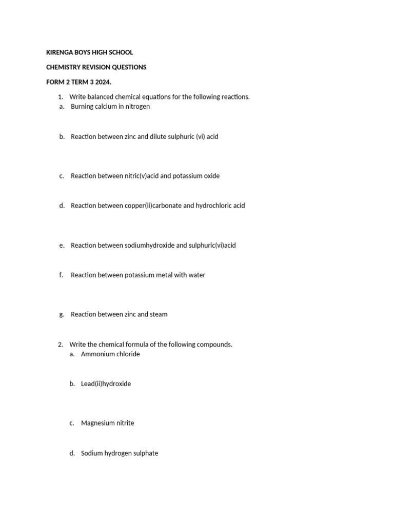 Form 2 Chemistry Revision Questions | PDF