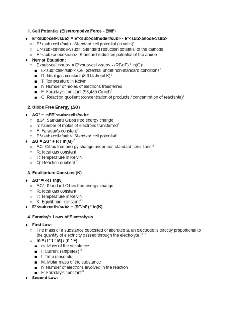 Key Electrochemistry Formulas Explained | PDF | Gibbs Free Energy ...