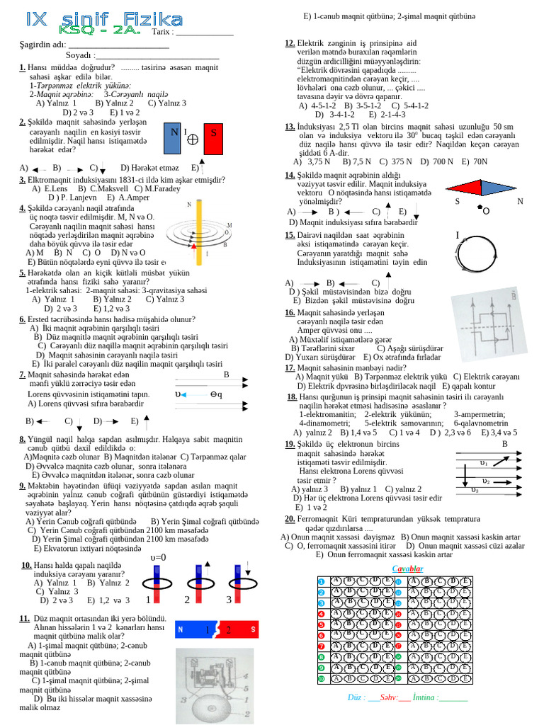 IX sinif Fizika KSQ-2.Variant A və B. | PDF
