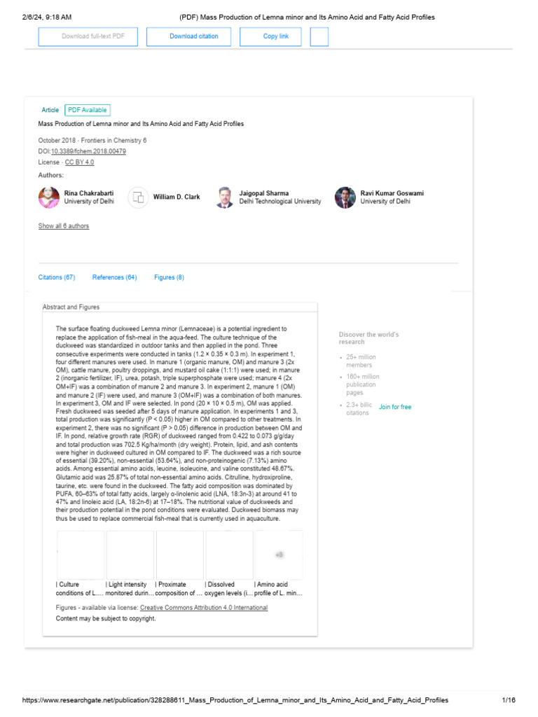 (PDF) Mass Production of Lemna minor and Its Amino Acid and Fatty Acid Profiles | PDF