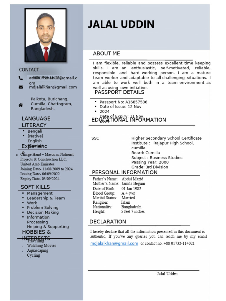 cv Jalal Uddin | PDF | Bangladesh