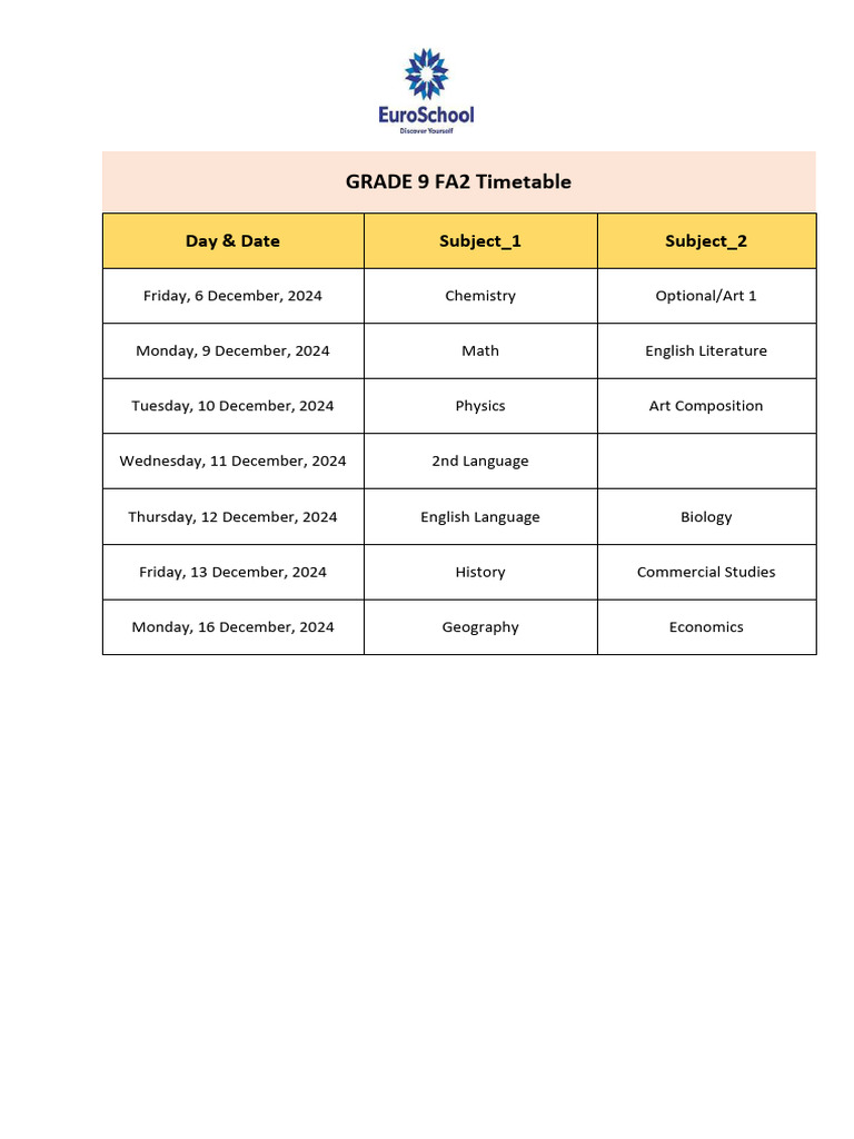 GRADE9FA2Timetable (Null) | PDF