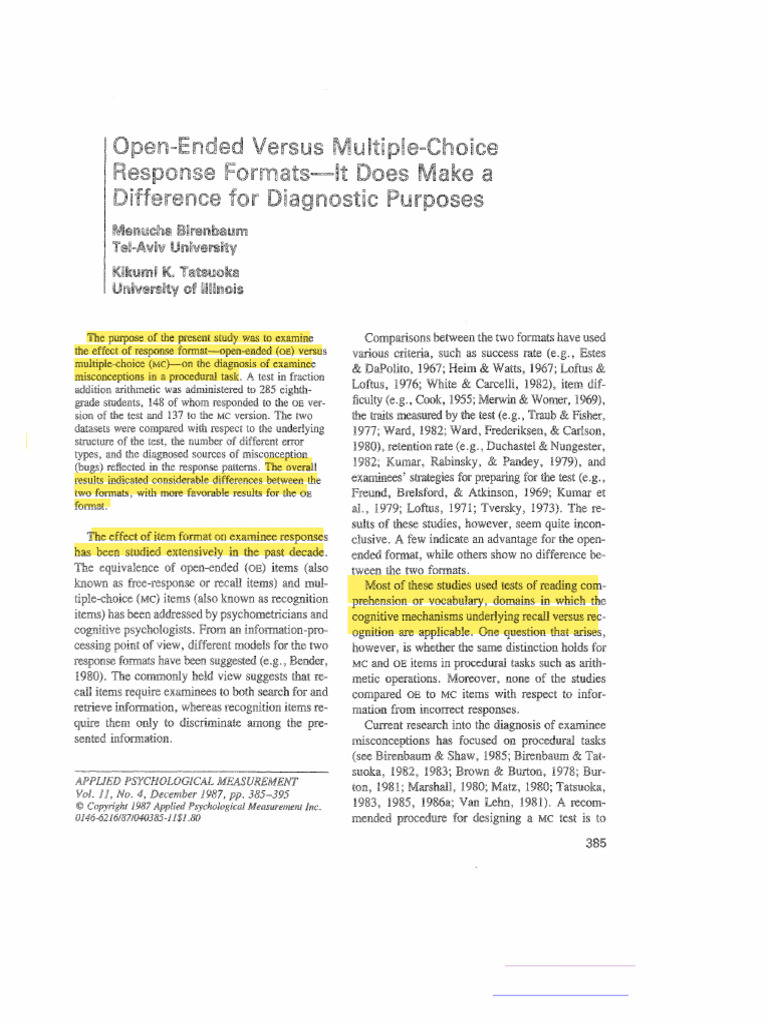 Open Ended Versus Multiple Choice Respon | PDF | Multiple Choice ...