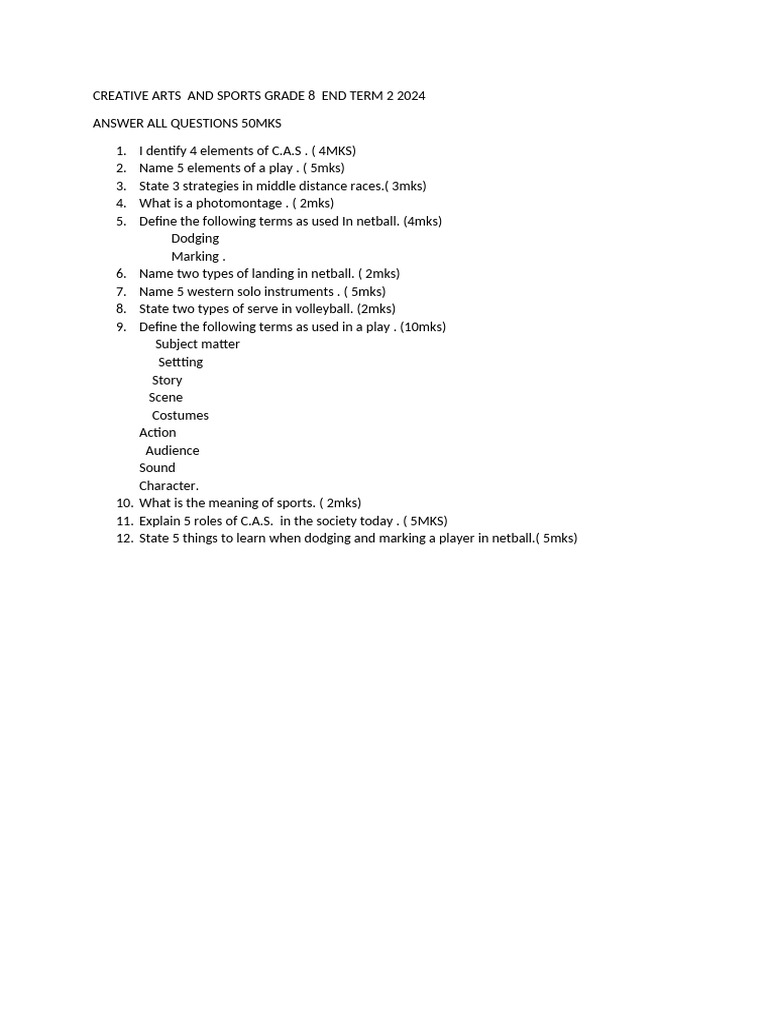 Grade 8 Creative Arts Term 2 Exam | PDF