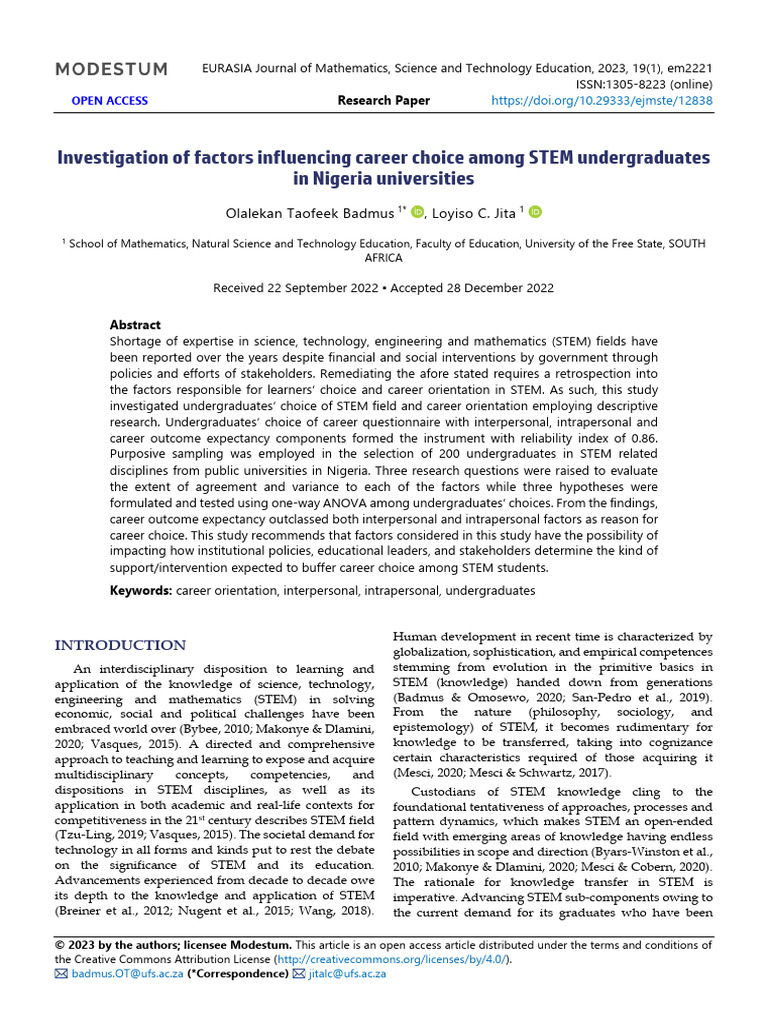 Factors Influencing STEM Career Choices | PDF | Self Efficacy | Science, Technology, Engineering ...